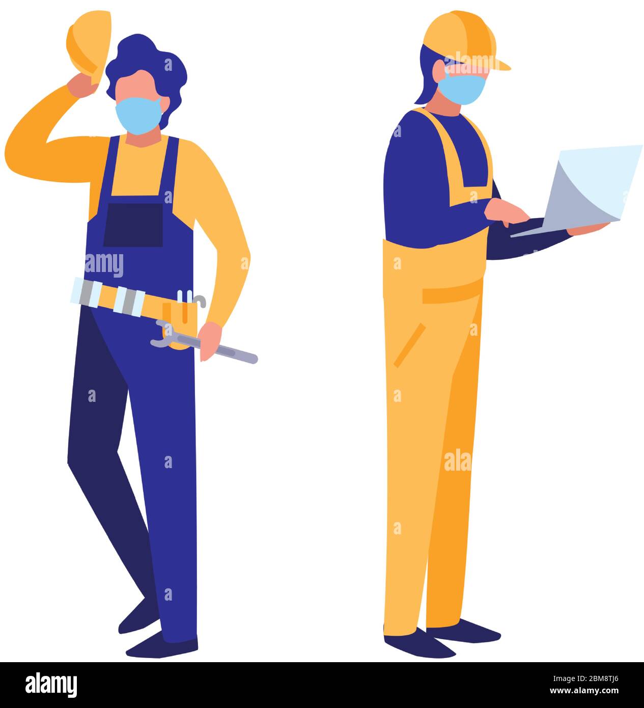 industrial workers men working with face mask vector illustration ...