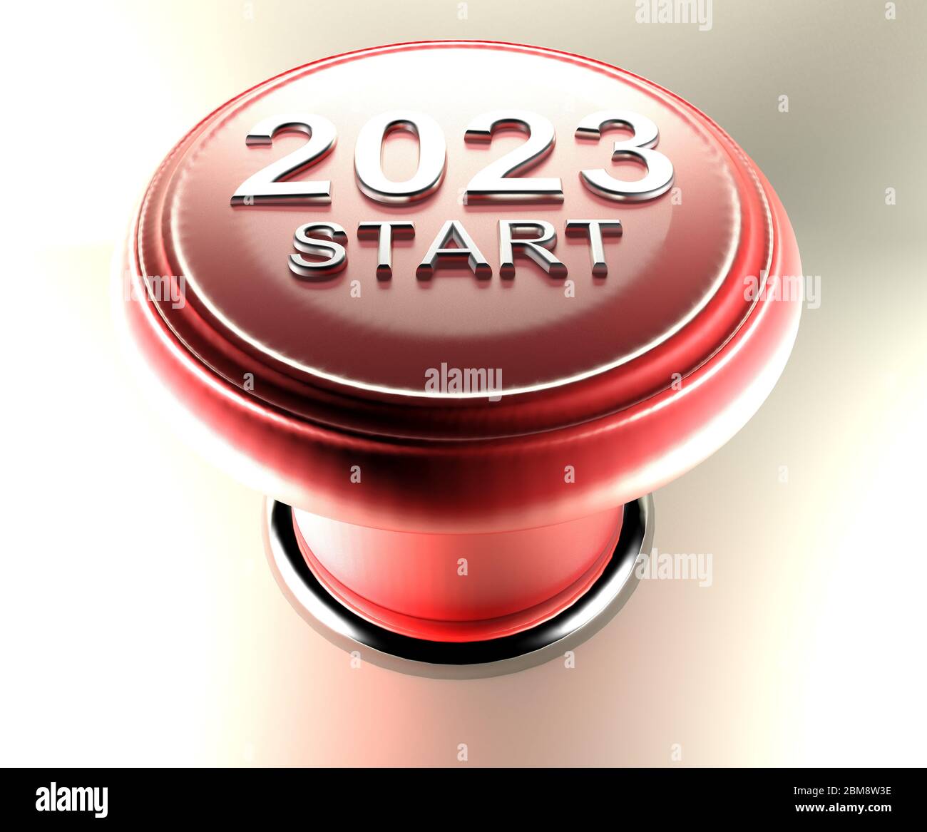 2023 START on red emergency push button - 3D rendering illustration ...