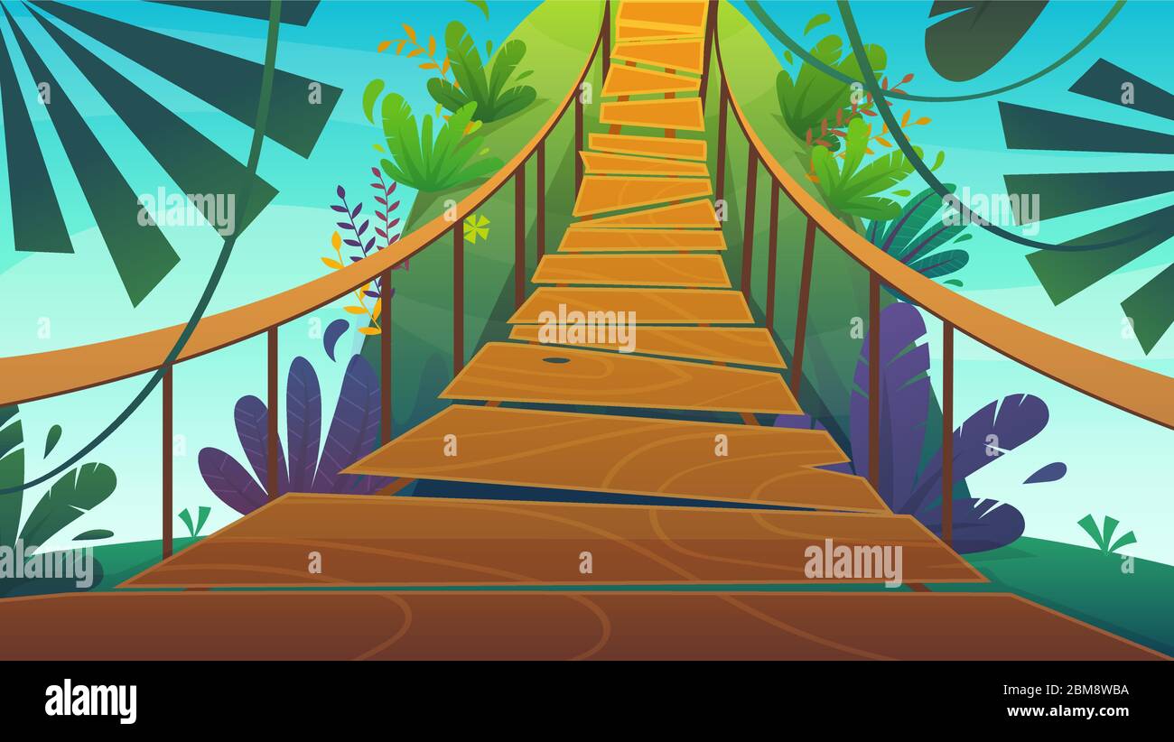 suspension bridge in a jungle cartoon background of summer exotic ...