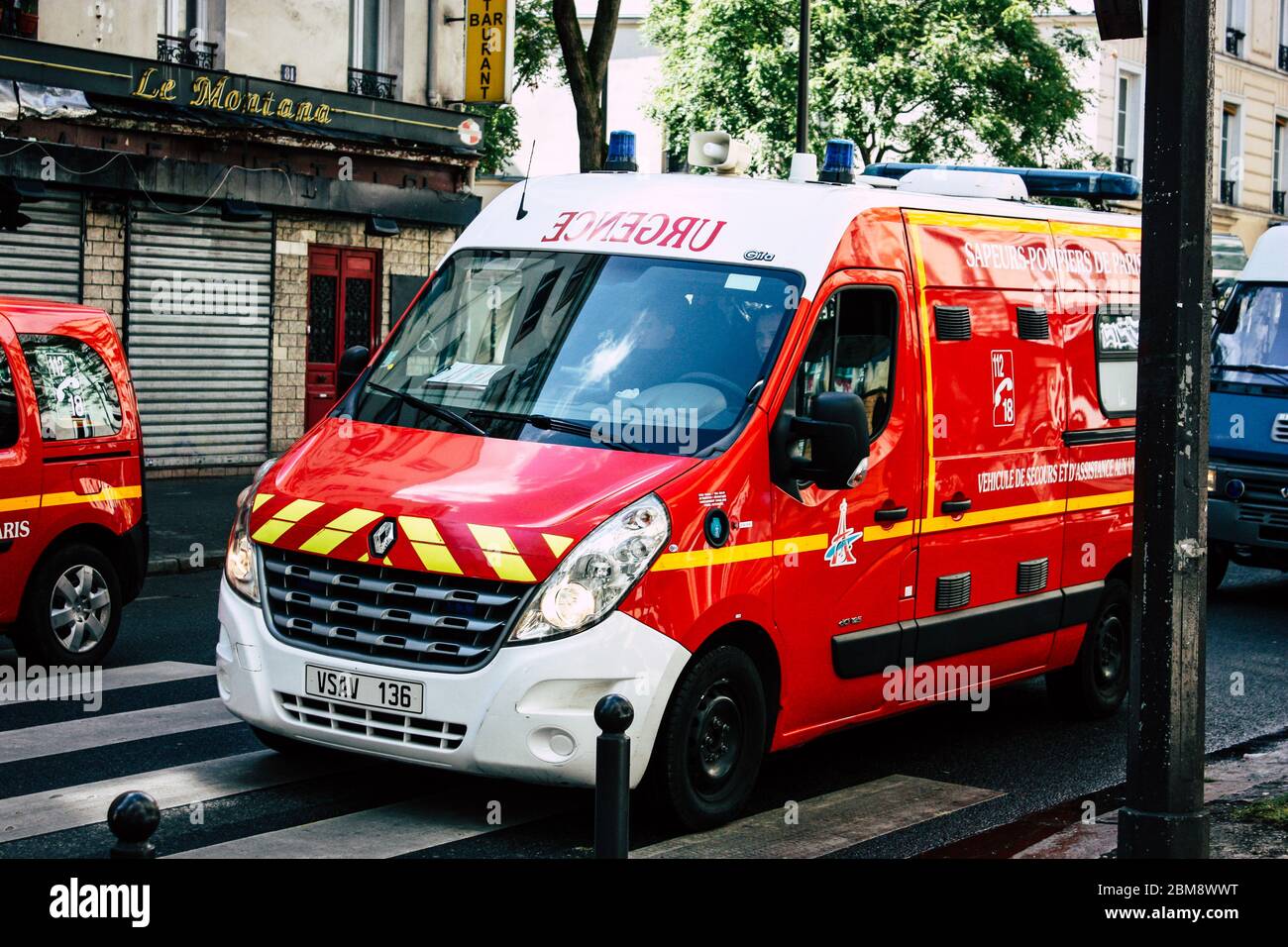 Paris France May 04, 2019 View of a French fire engine rolling in the ...
