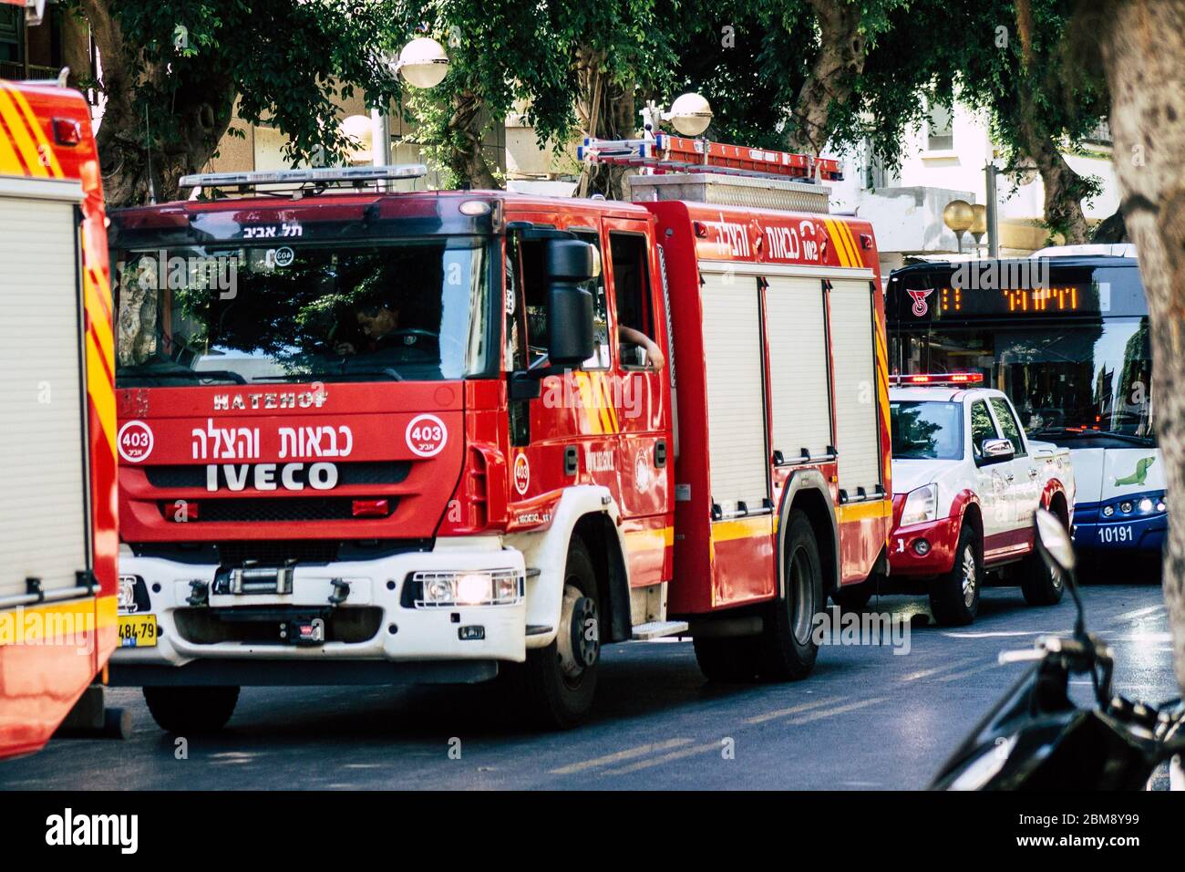 Tel Aviv Israel August 12, 2019 View of traditional Israeli fire engine ...