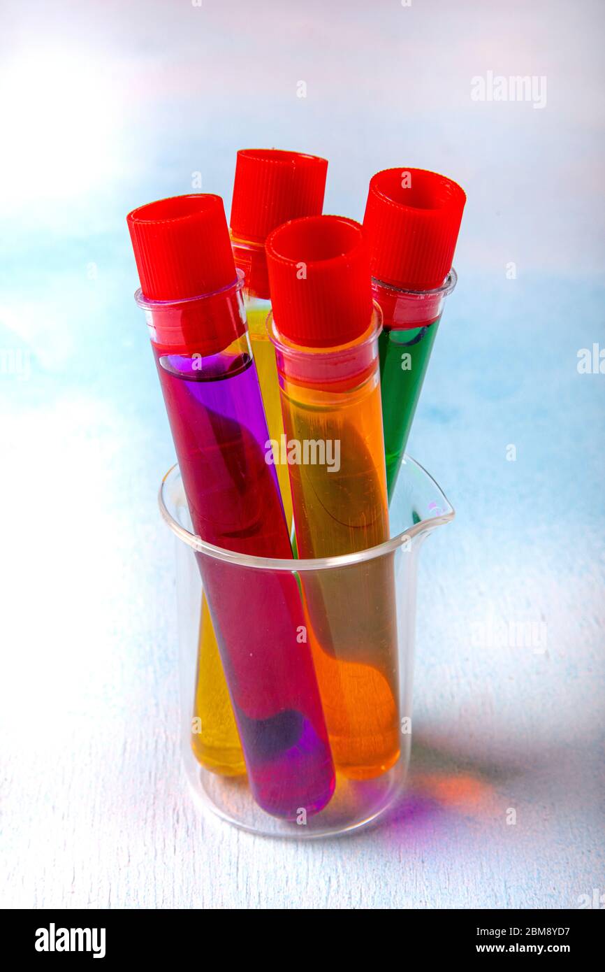 Test tubes in a rack containing rainbow colored solutions. Laboratory ...