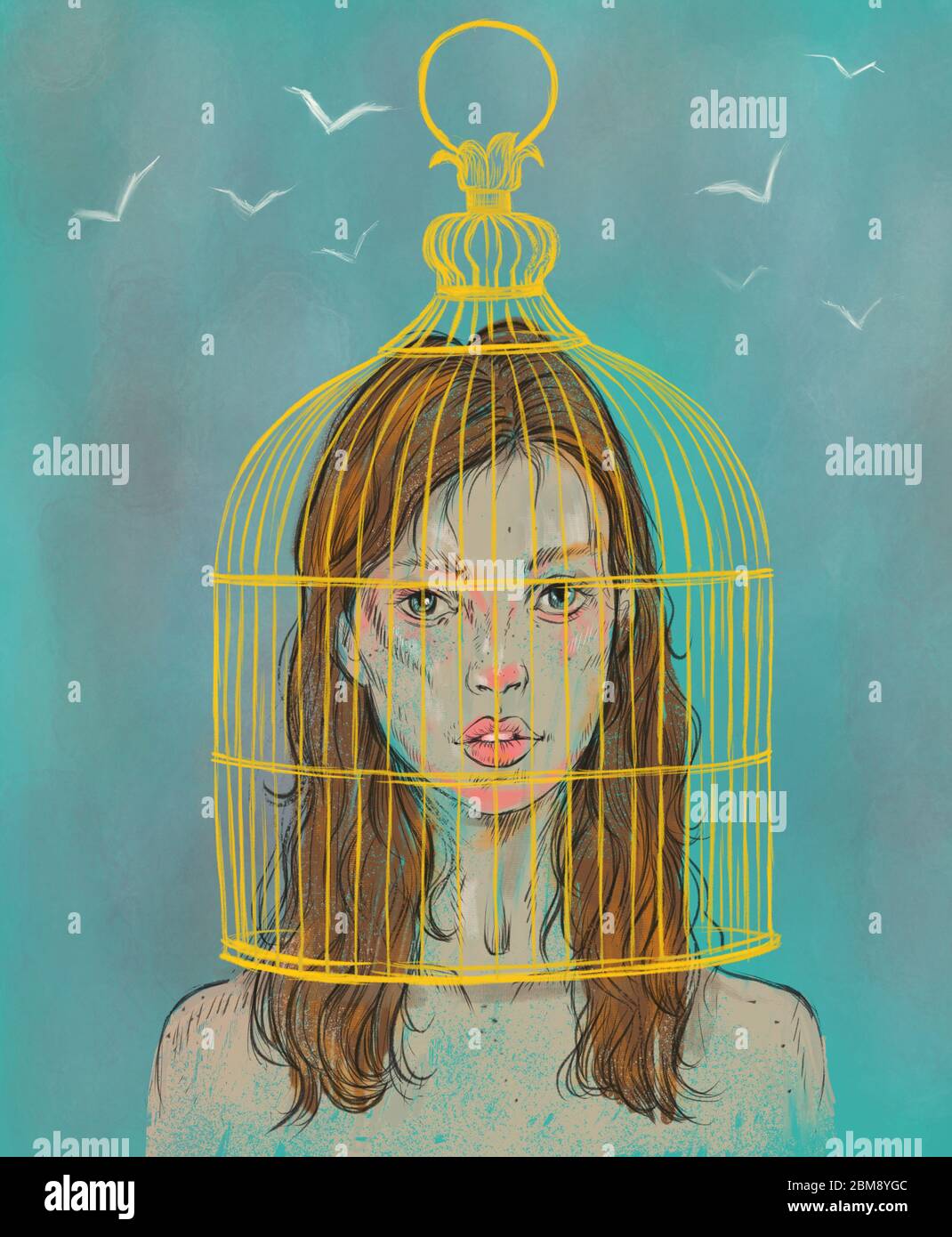 Artistic portrait of a girl locked in the cage Stock Photo - Alamy
