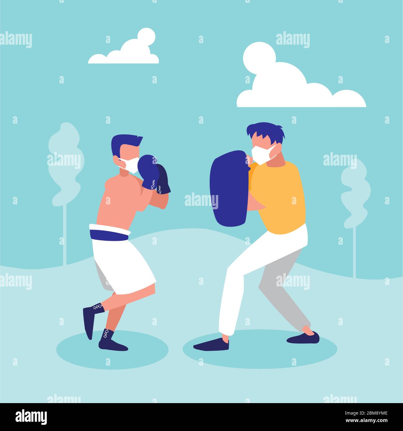 Men with masks boxing at park design of Covid 19 virus theme Vector ...