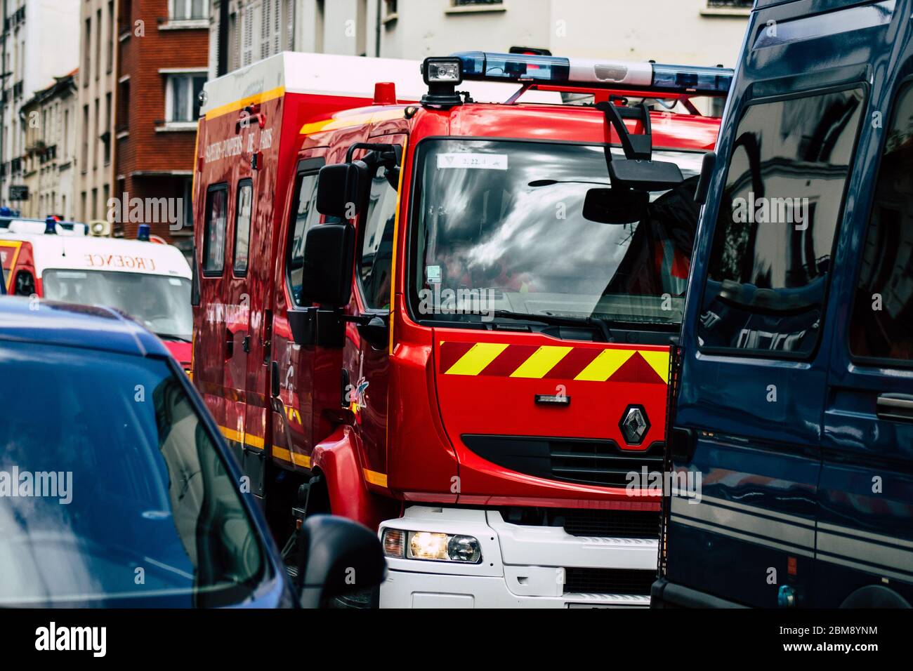 Paris France May 04, 2019 View of a French fire engine rolling in the ...