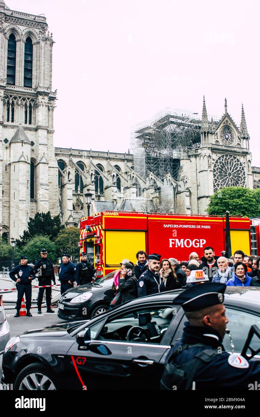 Paris France April 16, 2019 View of a fire truck parked near the Notre ...