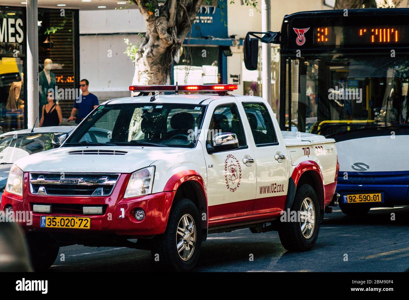 Tel Aviv Israel August 12, 2019 View of traditional Israeli fire engine ...