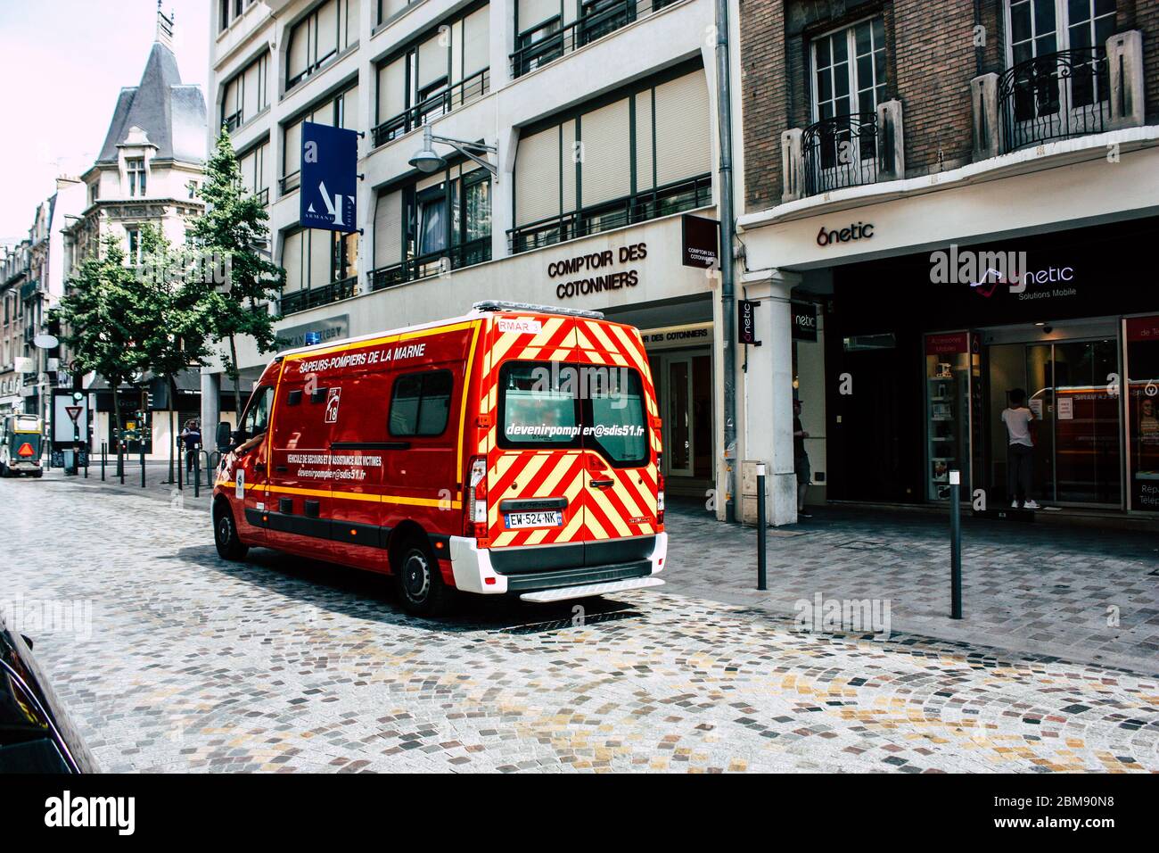 Reims France July 23, 2018 View of a French fire engine in the street ...
