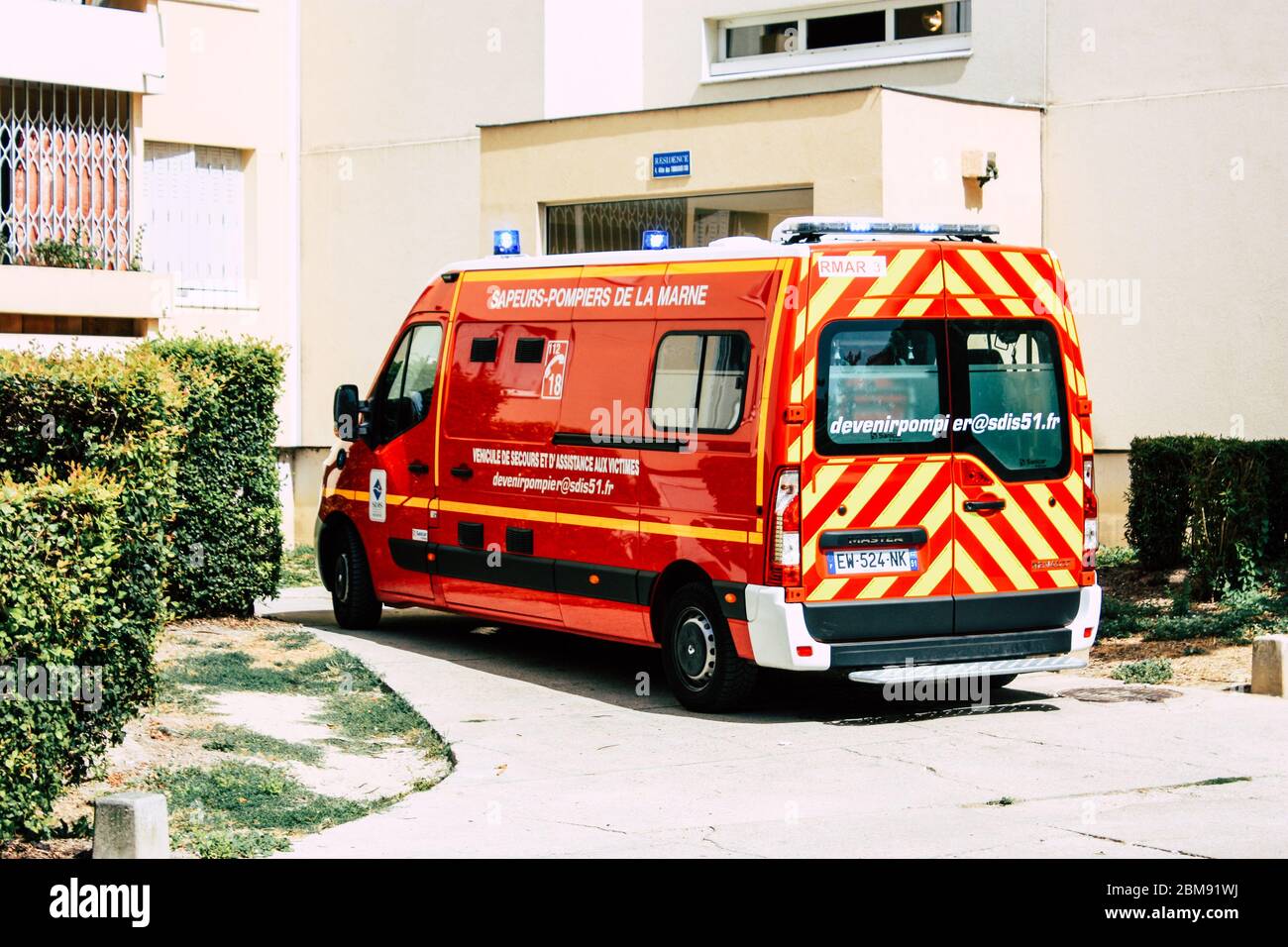 Reims France August 08, 2018 View of a French fire engine parked in the ...
