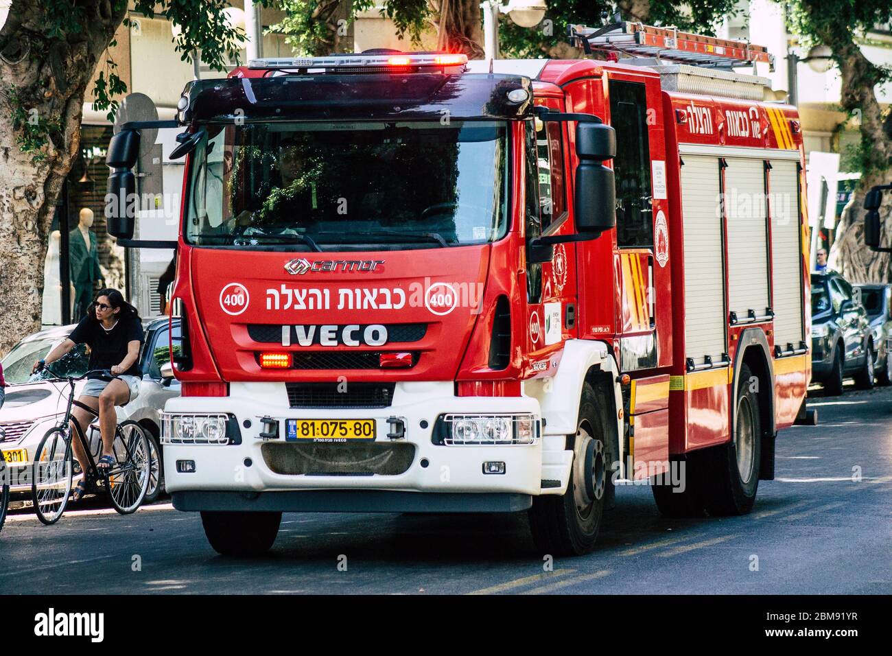 Tel Aviv Israel August 12, 2019 View of traditional Israeli fire engine ...