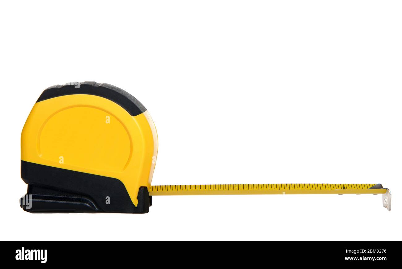 One yellow and black tape measure with tape extended 6 inches, isolated ...