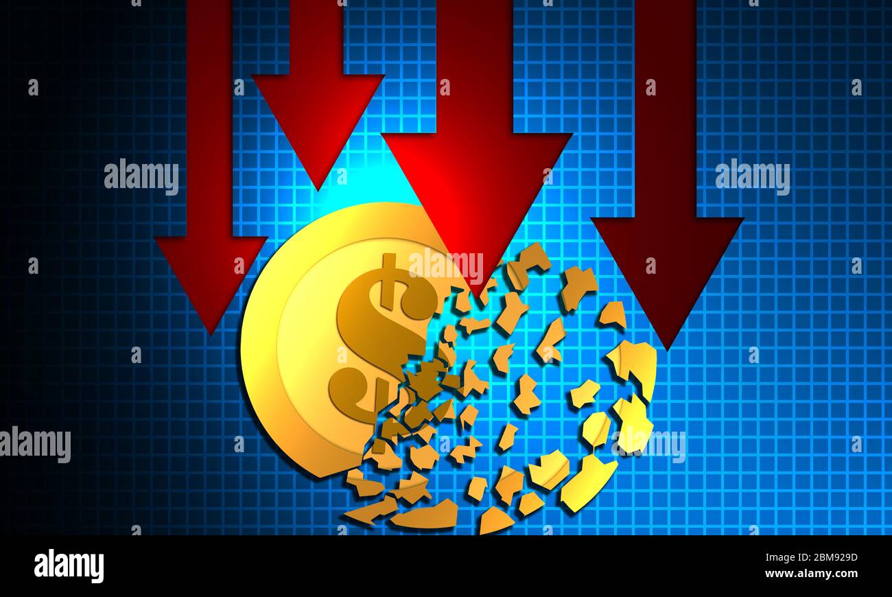 Red downward arrows with shatter coin. 3d rendering Stock Photo - Alamy