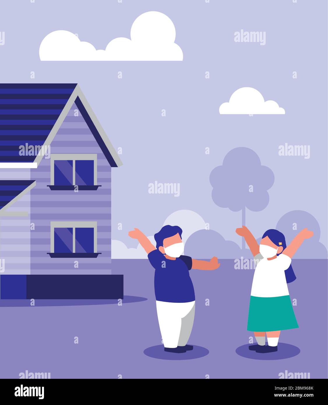 Kids with masks outside house design of Covid 19 virus theme Vector ...