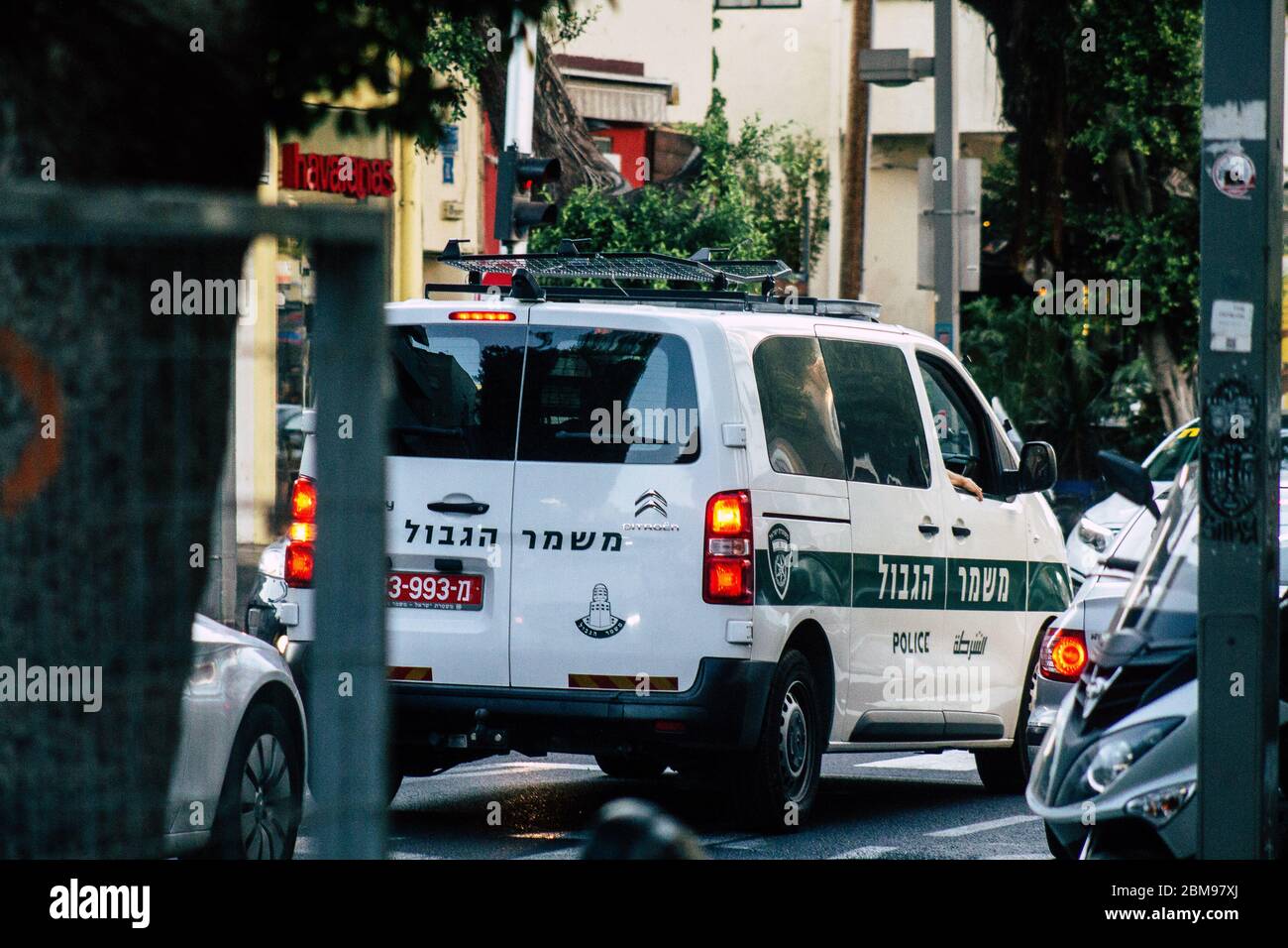 Tel Aviv Israel August 19, 2019 View of a Israeli police car rolling in ...