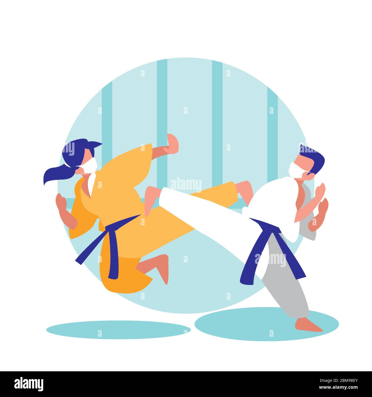 Woman and man with mask doing karate at home design of Covid 19 virus ...