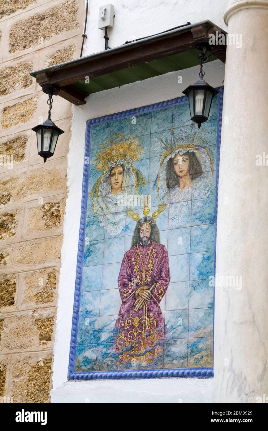 Religious tile mural in the Medieval District, Cadiz, Andalusia, Spain ...