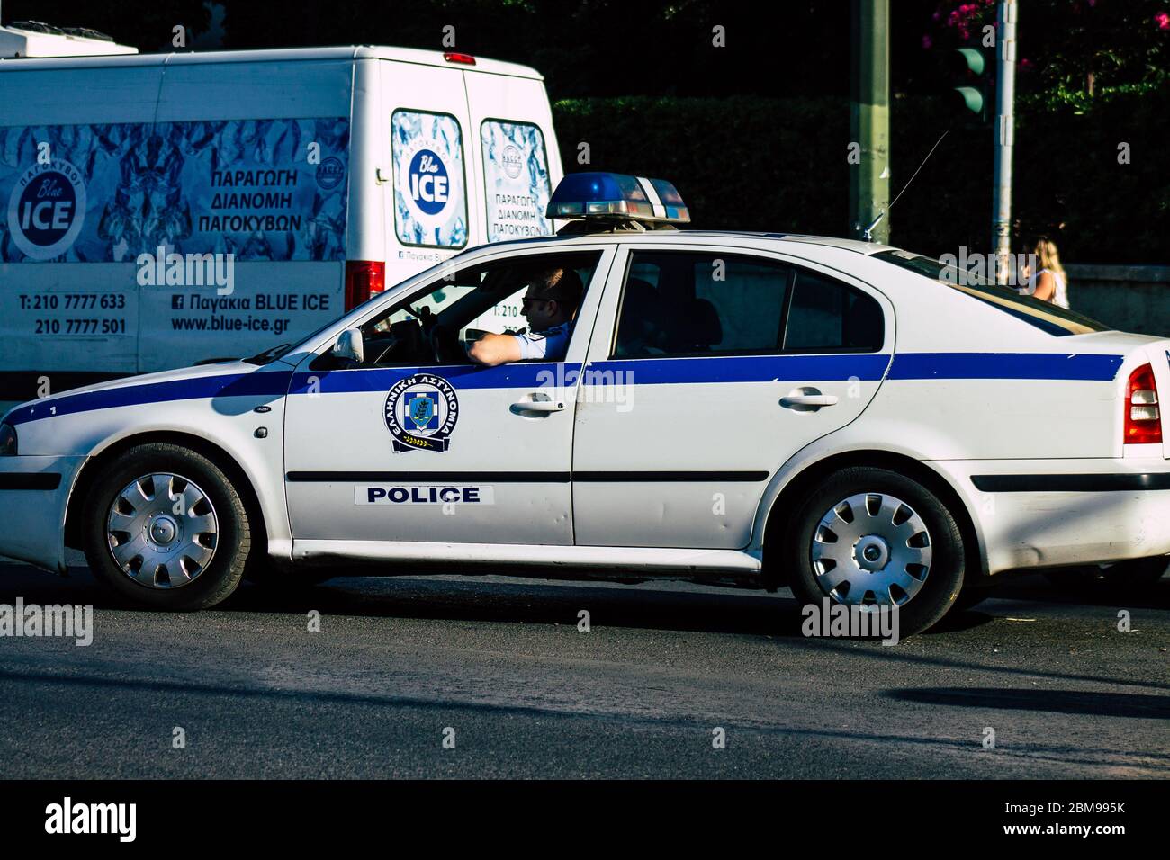 Athens Greece August 27, 2019 View of a Greek police car driving ...