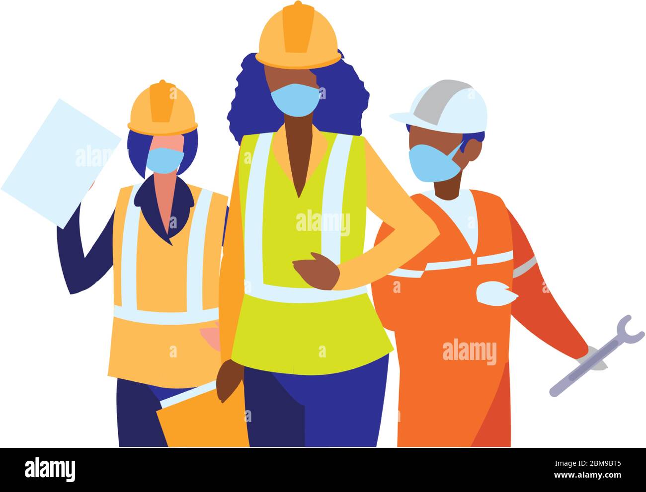 Industrial workers working with face mask vector illustration design ...