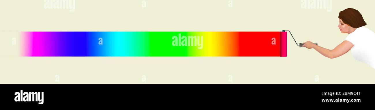 A woman paints a wall with a roller that paints a spectrum of color in ...