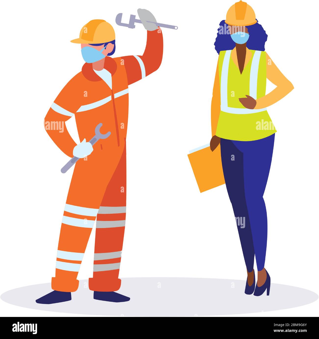 Industrial workers couple working with face mask vector illustration ...