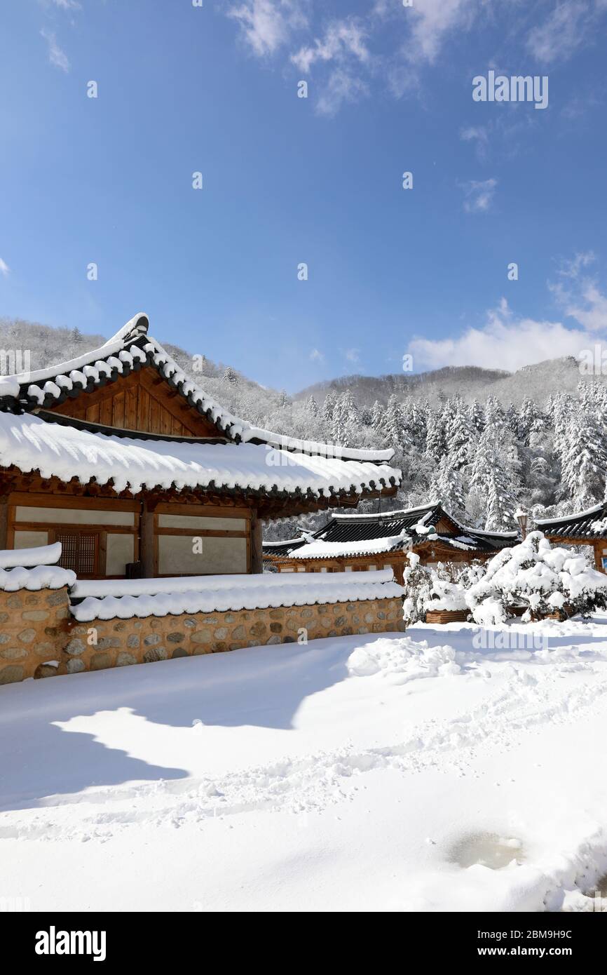 Snowy Korean traditional houses and winter scenery. Woljeongsa buddhist ...