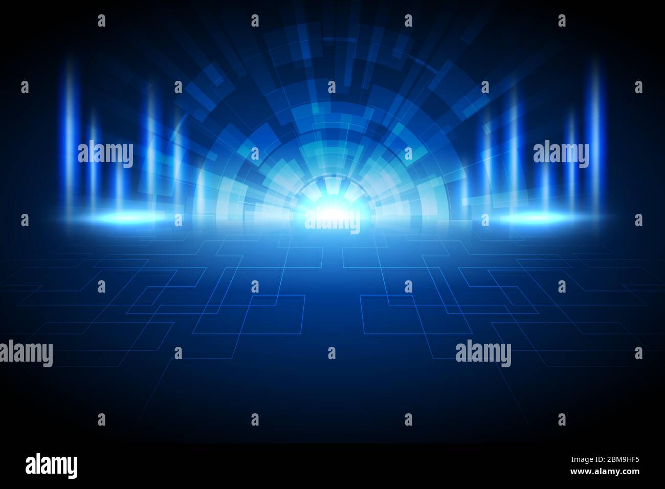 Abstract dark blue technology background with circuit pattern floor, light beam and hi-tech ...