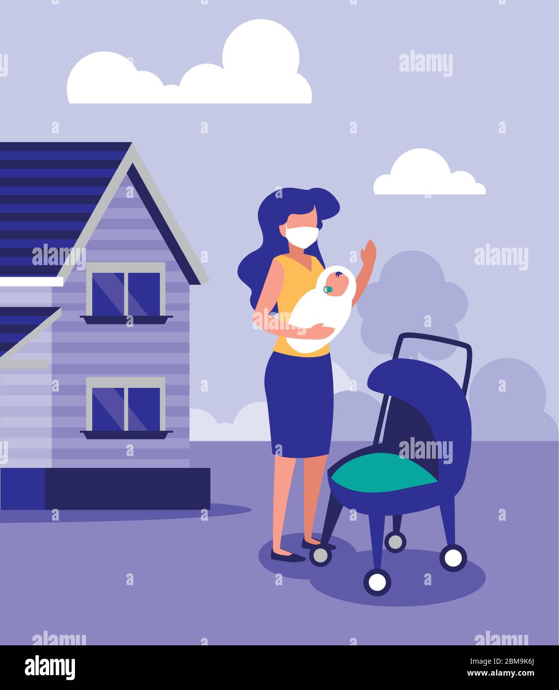 Mother and baby with mask outside house design of Covid 19 virus theme ...
