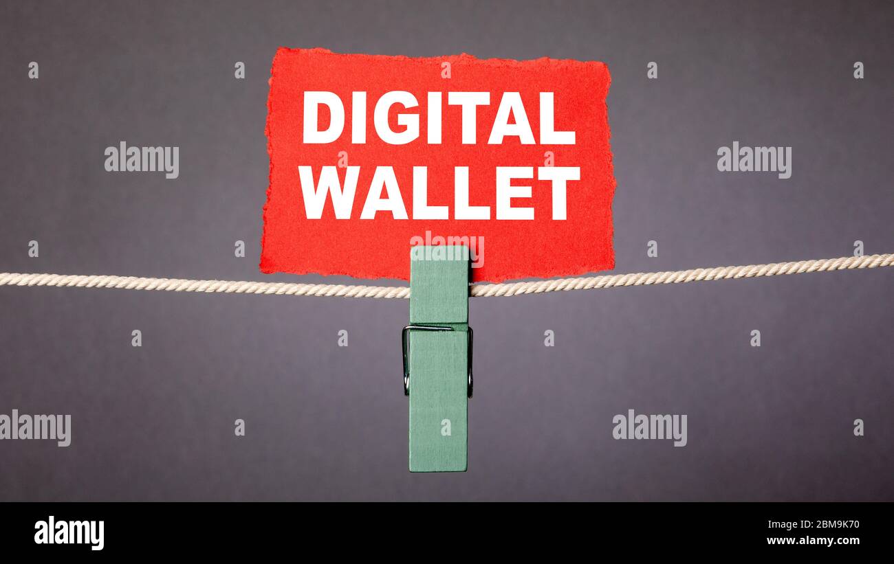 DIGITAL WALLET concept. Sheet attached with peg on the rope. Horizontal ...