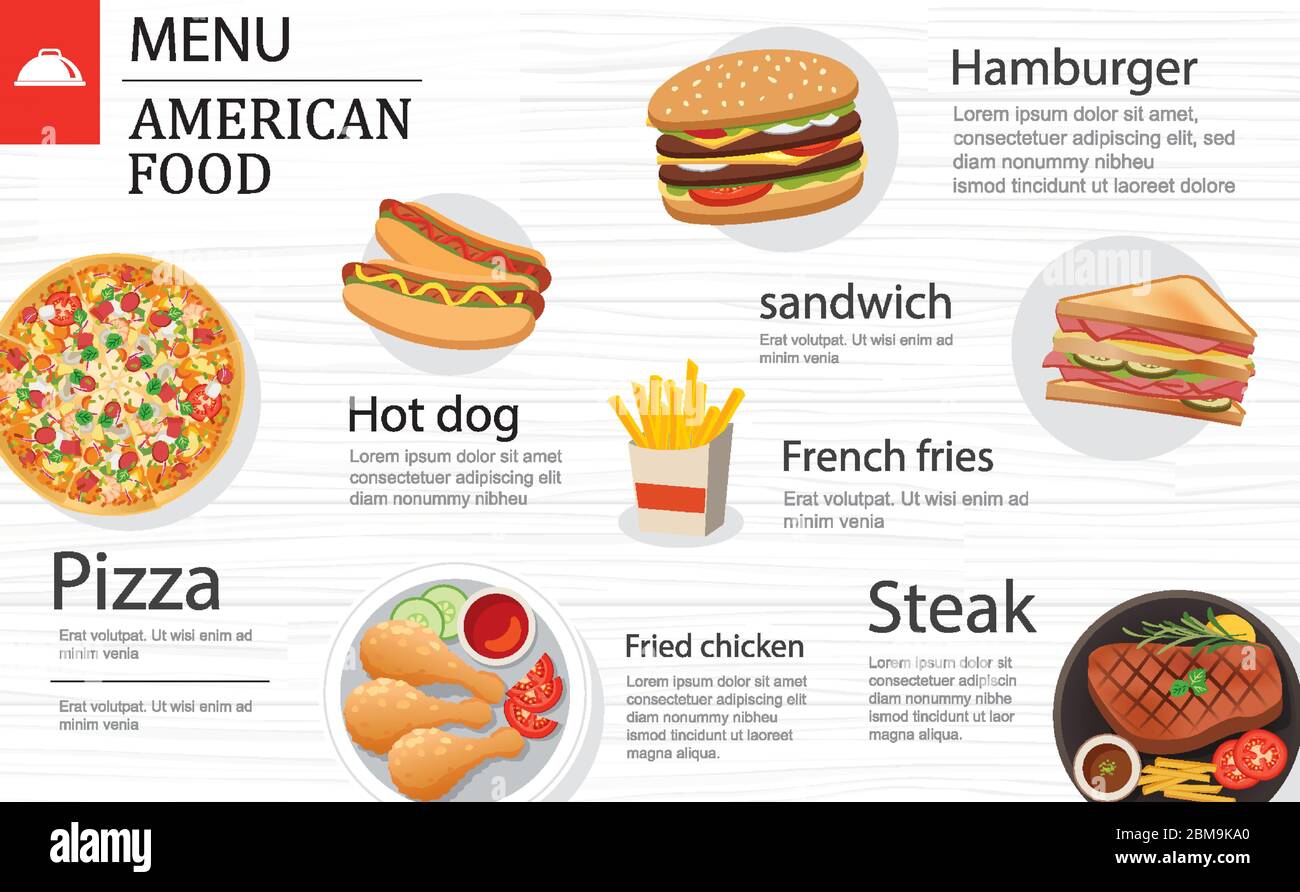 American food menu restaurant on a white wooden table top template ...