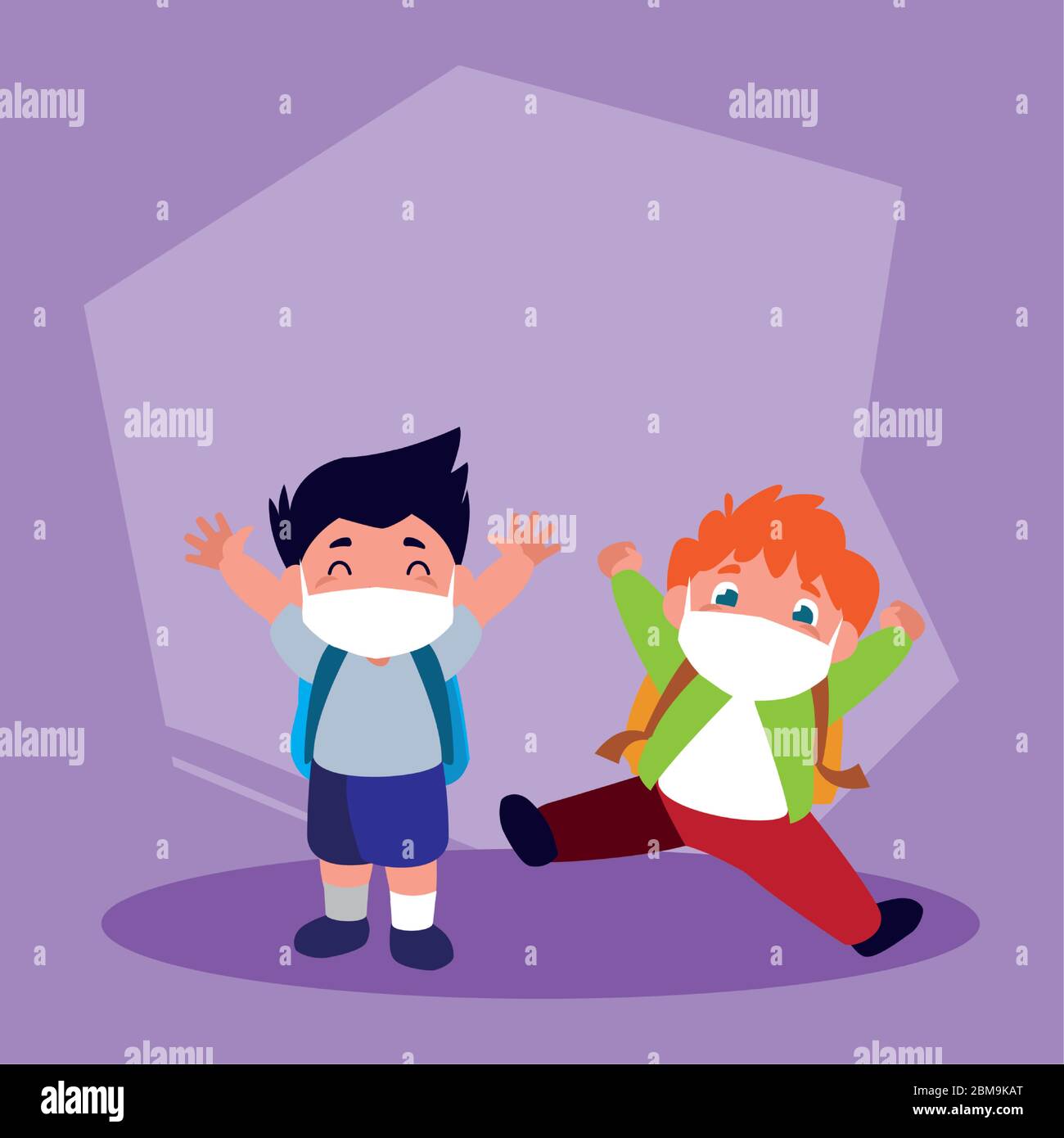 Girl and boy with masks school books and bags design of Covid 19 virus ...