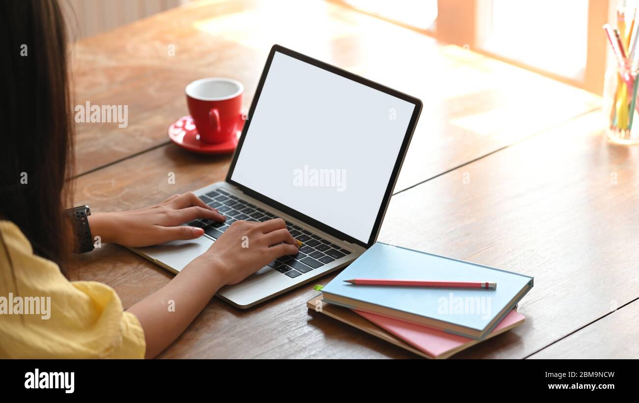 Photo of beautiful woman that look good in yellow cotton shirt looking ...