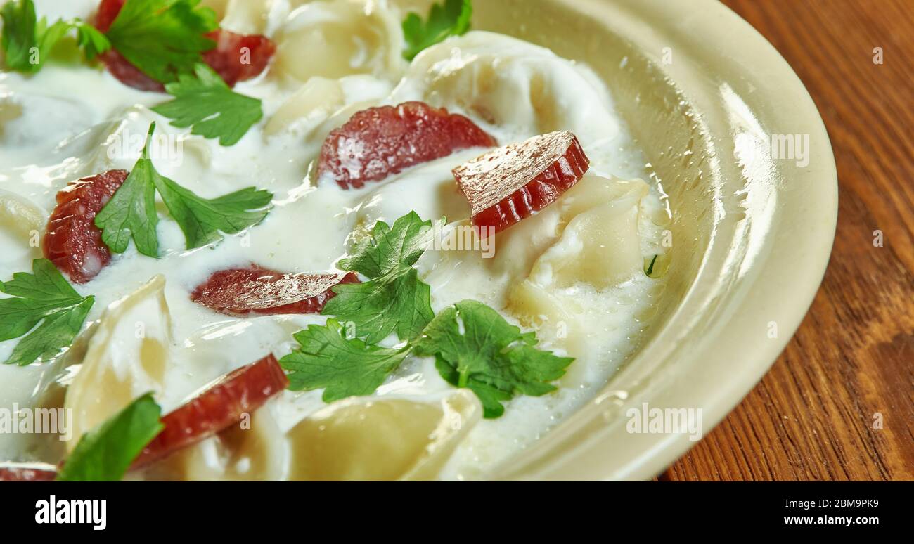 Italian Sausage Chorizo Alfredo Tortellini Soup close up Stock Photo ...