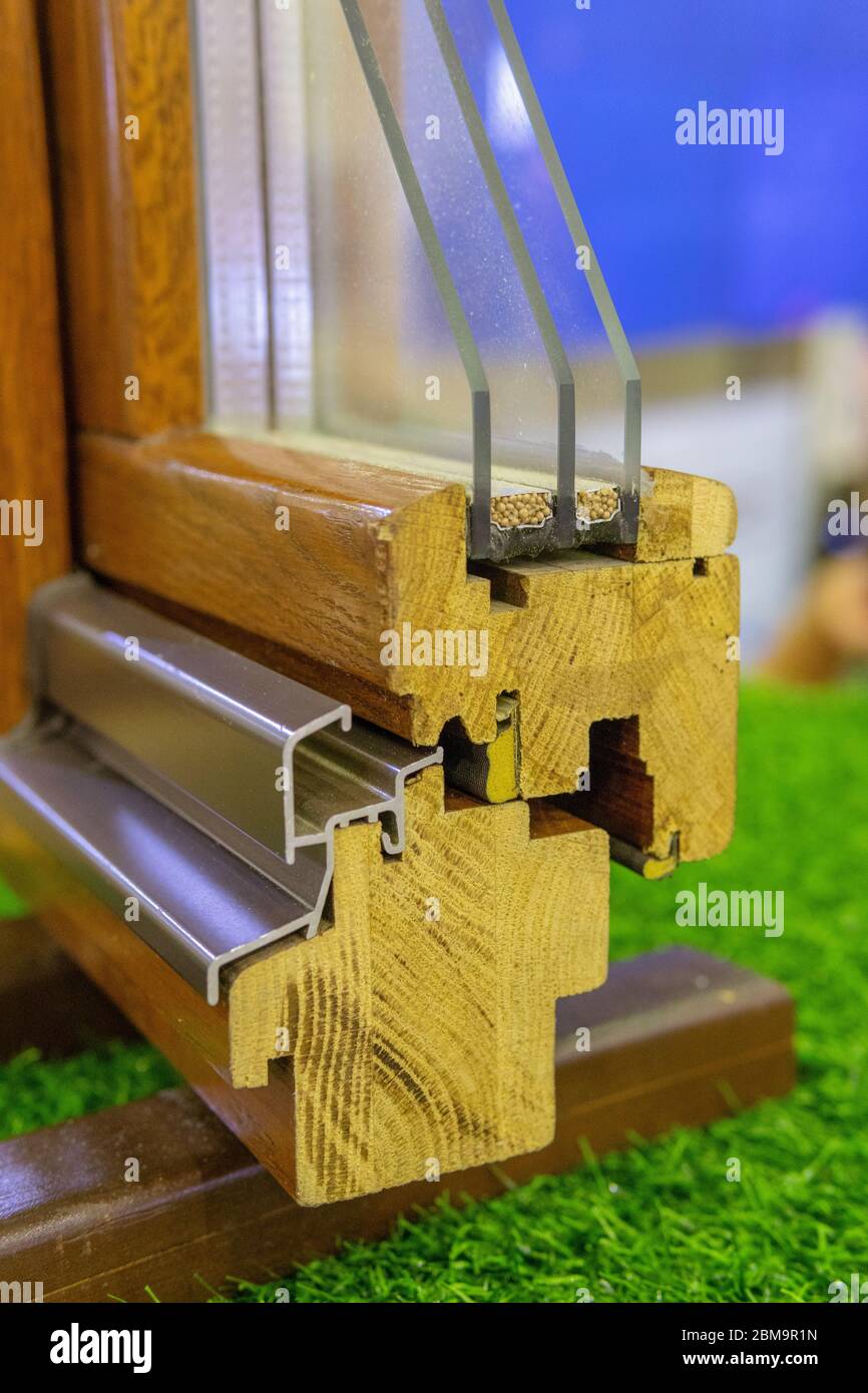 Wooden window profiles in section. Exhibition sample Stock Photo - Alamy