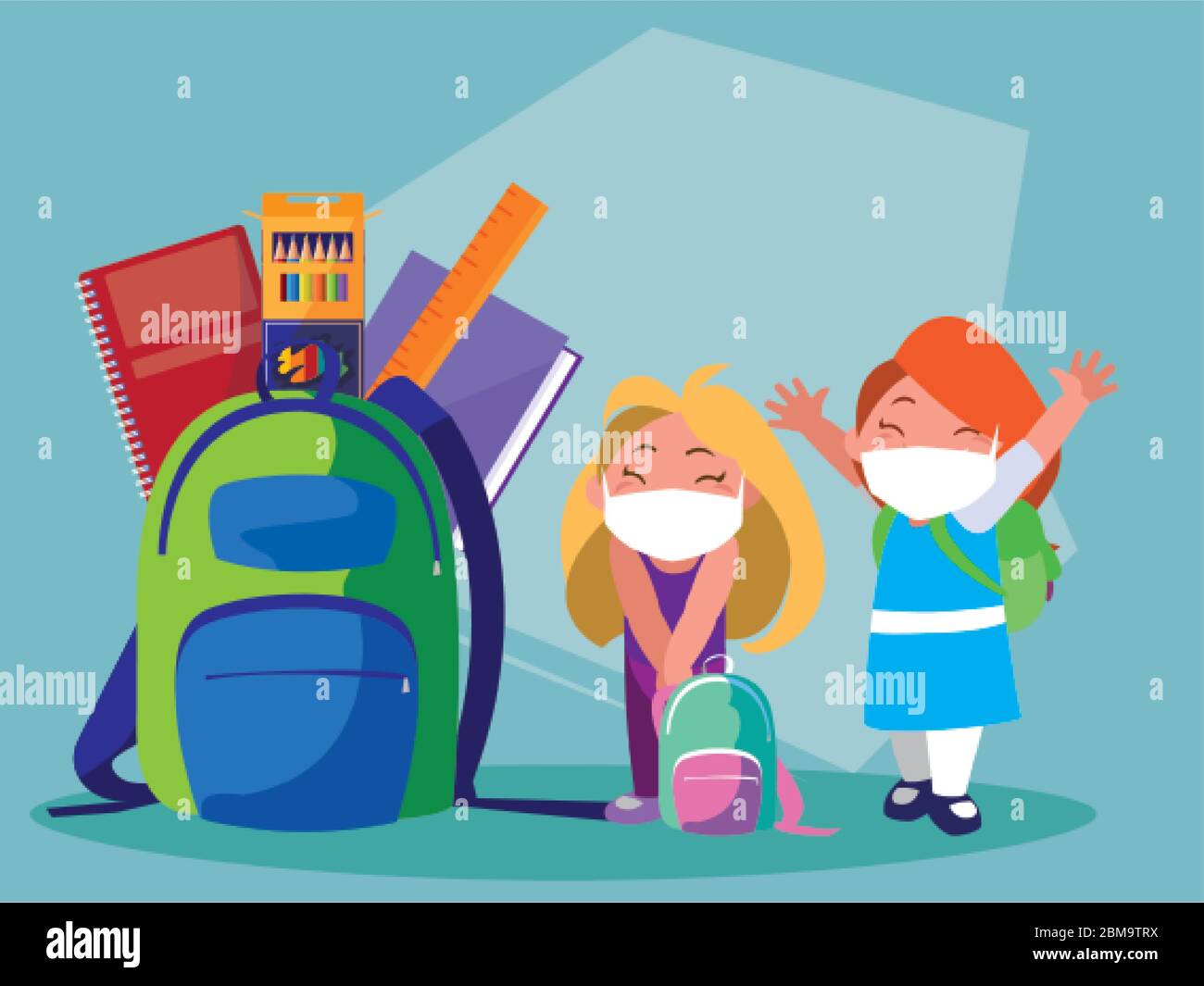 Girl and boy with masks school books and bags design of Covid 19 virus ...