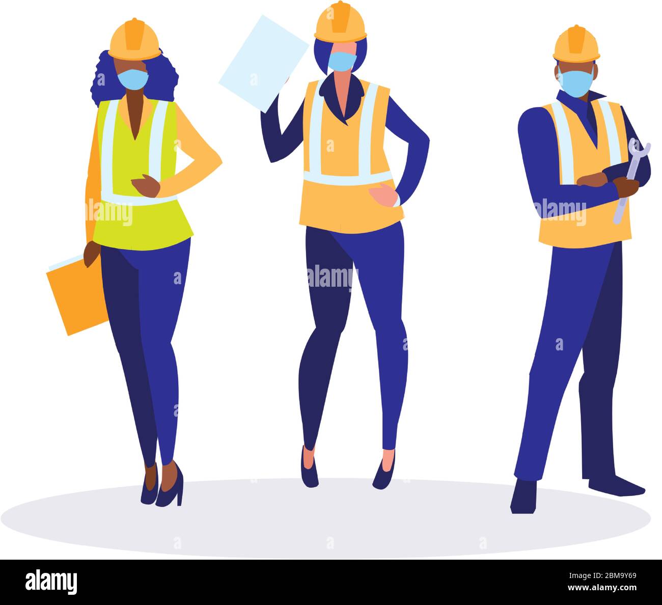 Industrial workers working with face mask vector illustration design ...