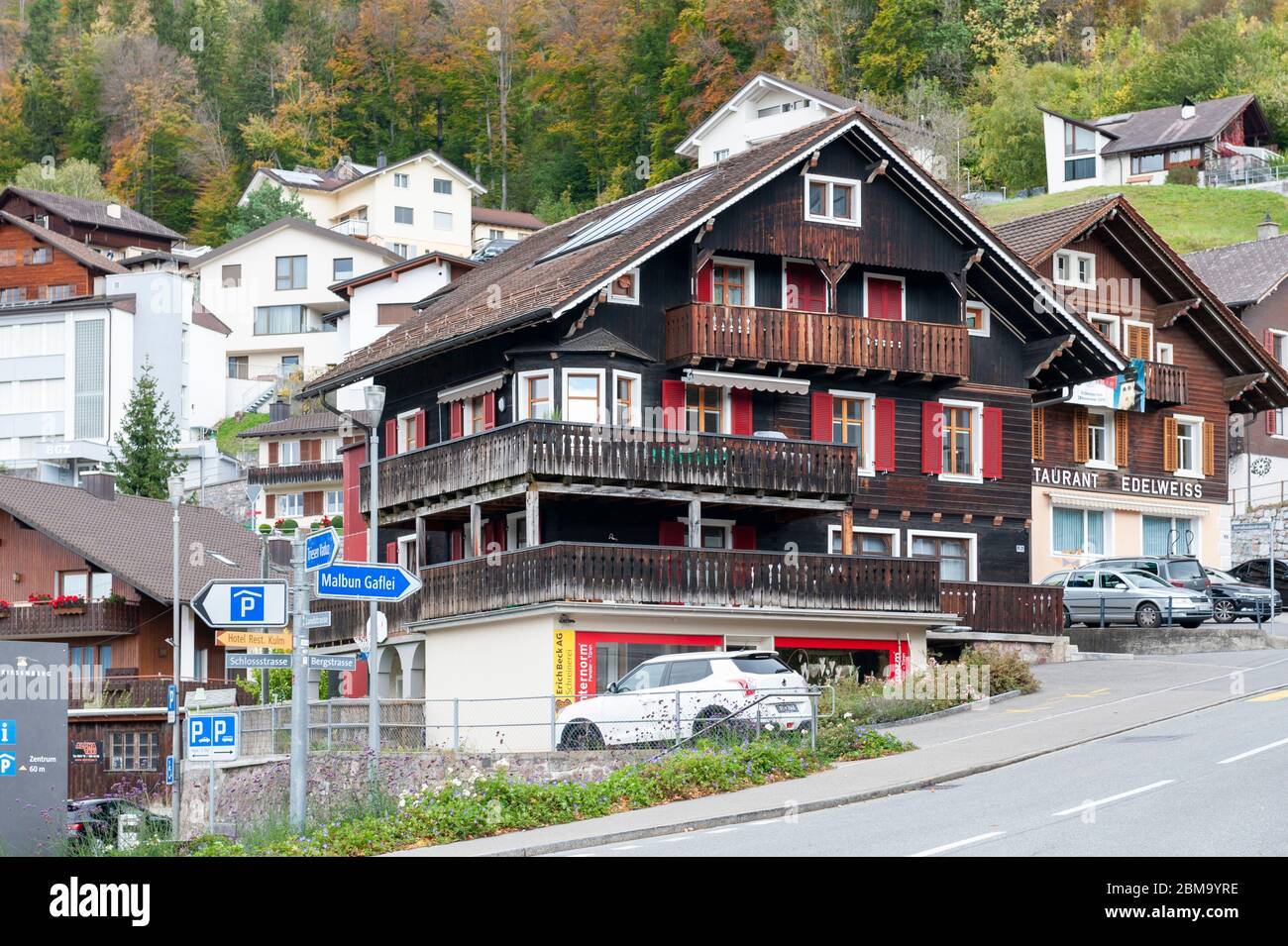 Landscape of hillside village in Triesenberg, a municipality in ...