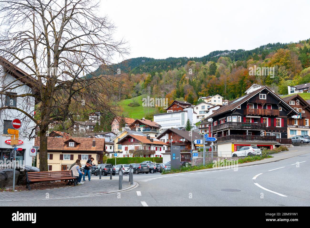 Landscape of hillside village in Triesenberg, a municipality in ...