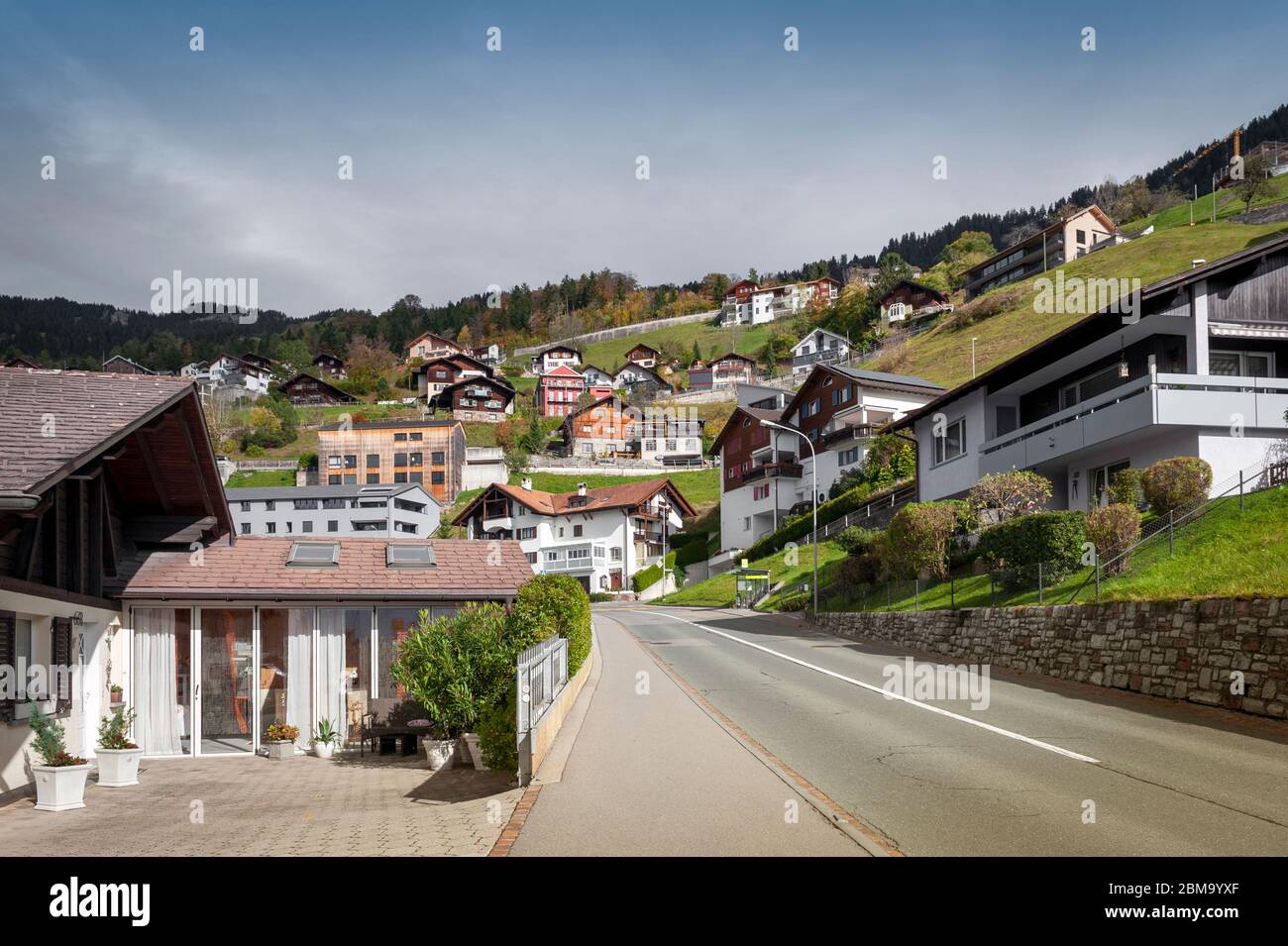 Landscape of hillside village in Triesenberg, a municipality in ...