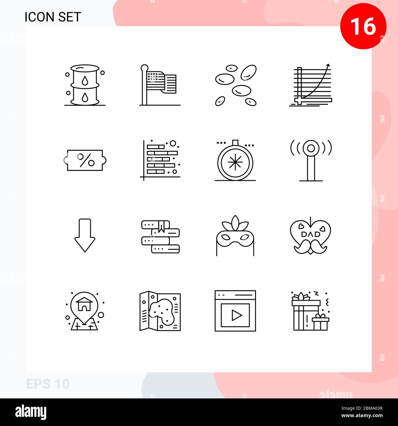 Group of 16 Outlines Signs and Symbols for goal, curve, usa, chart ...