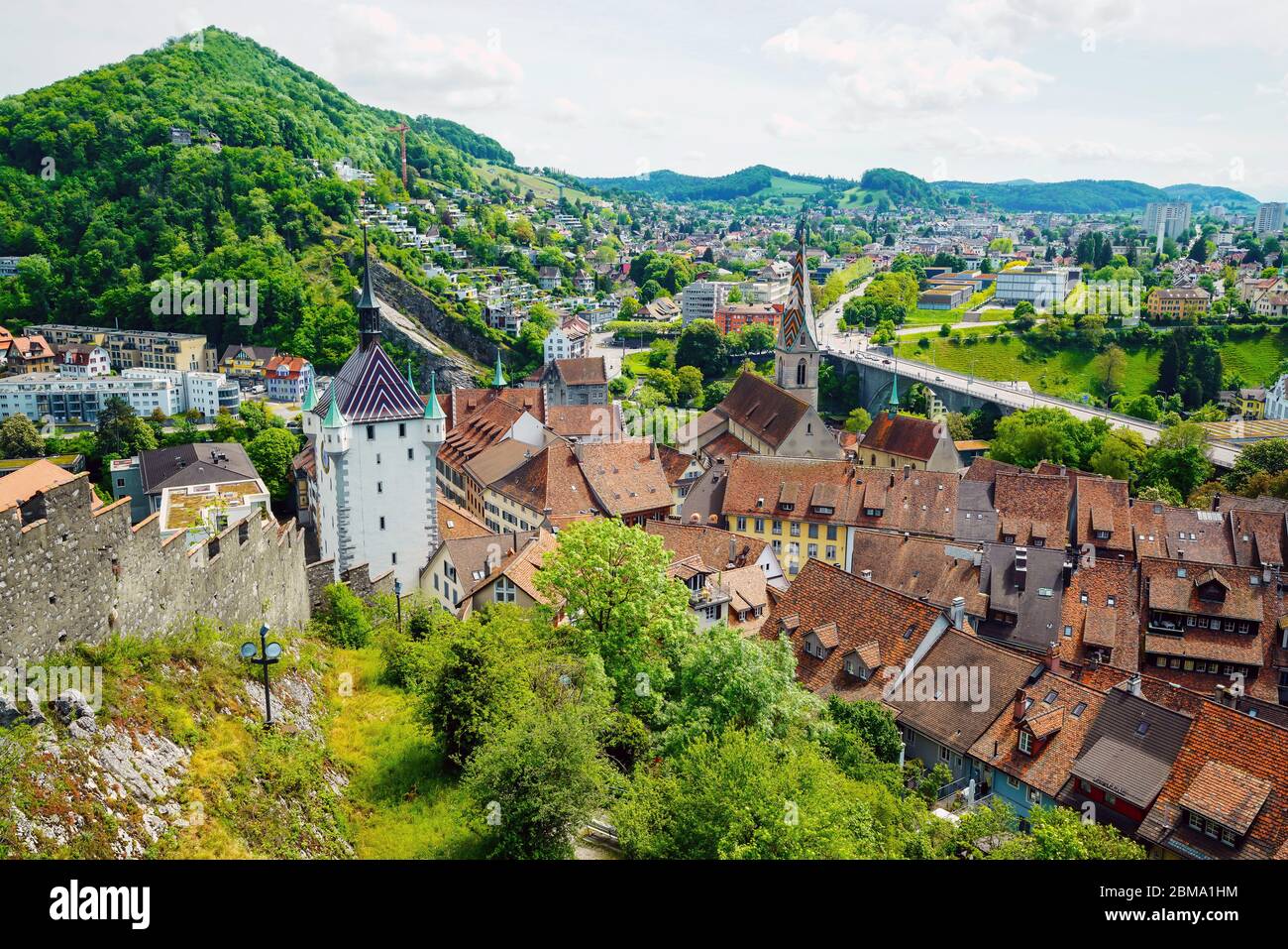 Aerial view of the swiss city of Baden and the surrounding landscape ...