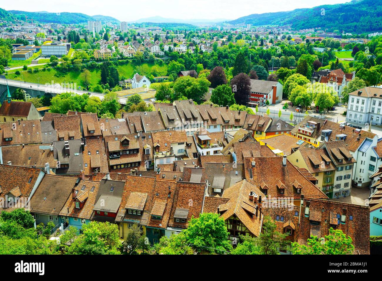 Aerial view of the swiss city of Baden and the surrounding landscape ...