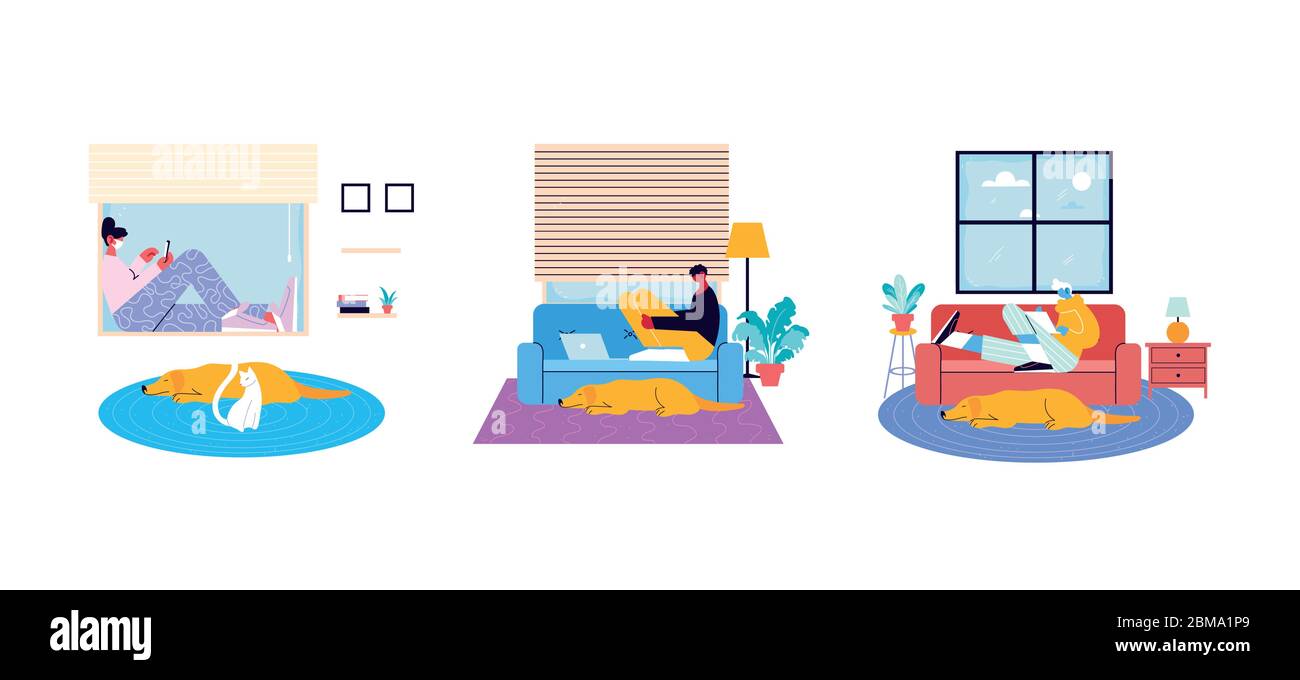 set of cards people working from her home vector illustration design ...