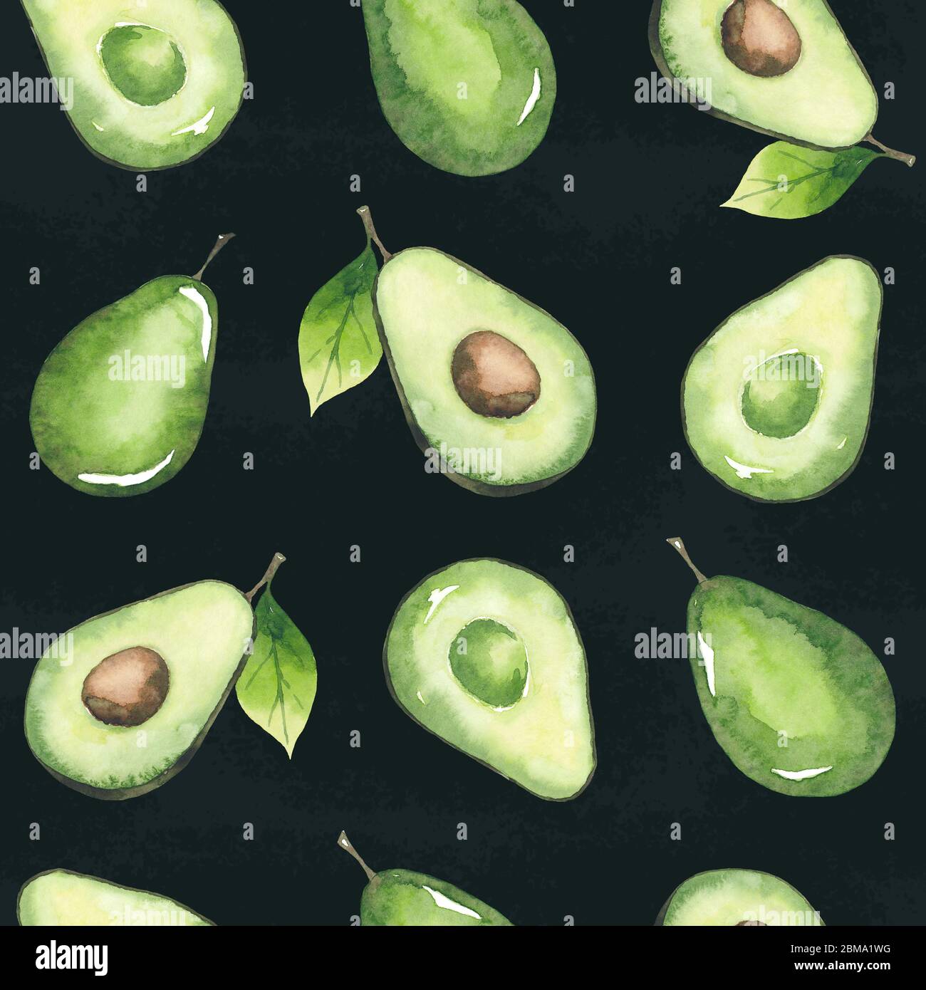 Avocado seamless pattern on a dark background painted by watercolor ...