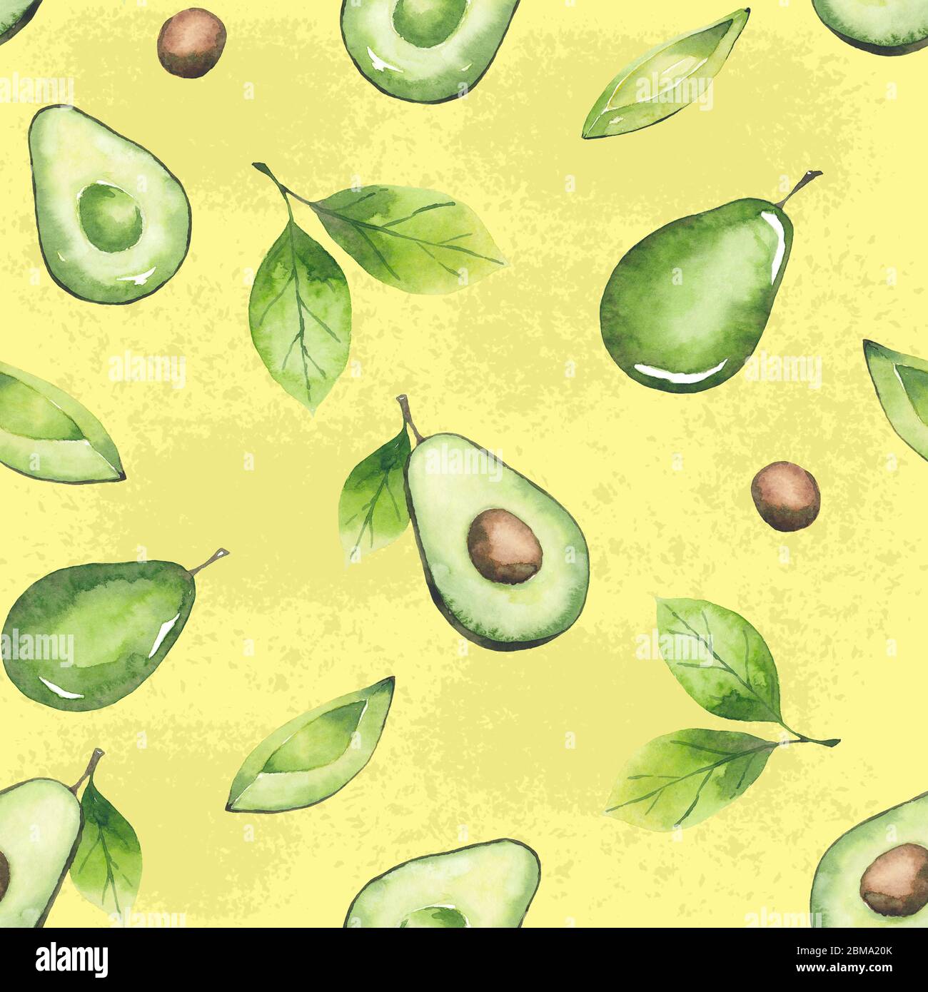Avocado seamless pattern on a yellow background painted by watercolor ...