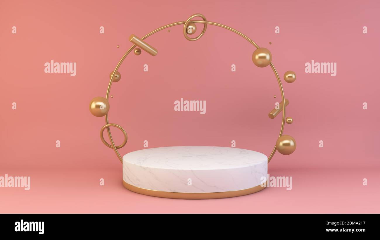 Minimal empty product display platform with golden primitives and pink ...