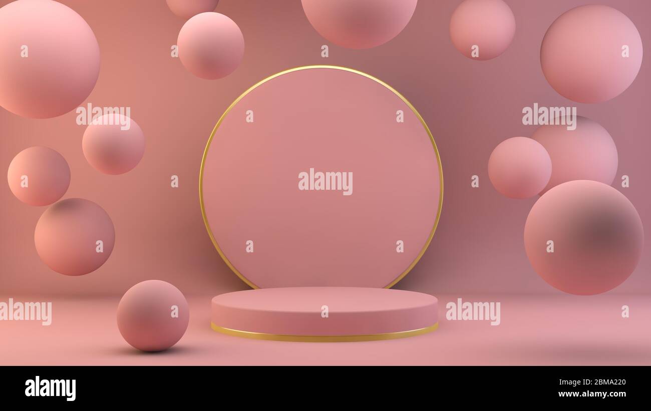 pink platform with floating spheres and golden details for product ...