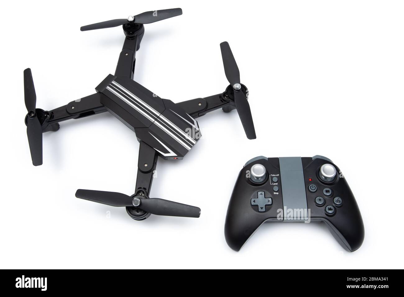 Quadcopter drone with drone remote control on white background Stock ...