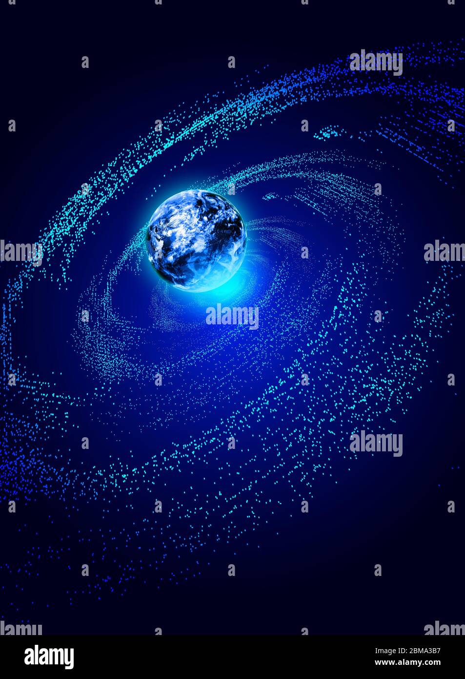 Glowing digital earth, cosmic swirl of particle flow, big data ...