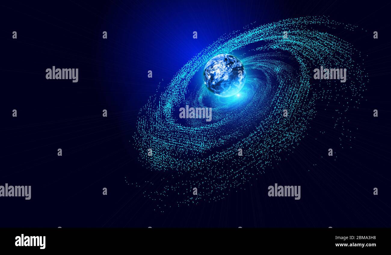 Glowing digital earth, cosmic swirl of particle flow, big data ...