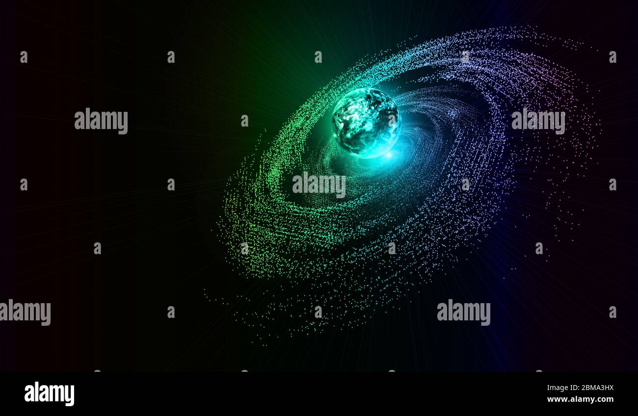 Glowing digital earth, cosmic swirl of particle flow, big data ...